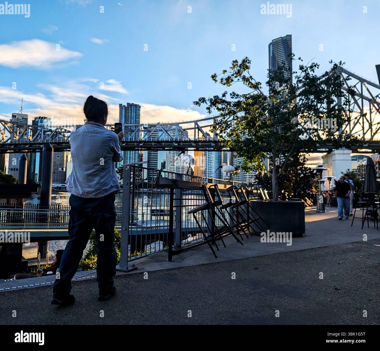 Woman photographing ibis birds, evening at Howard Smith Wharves ...