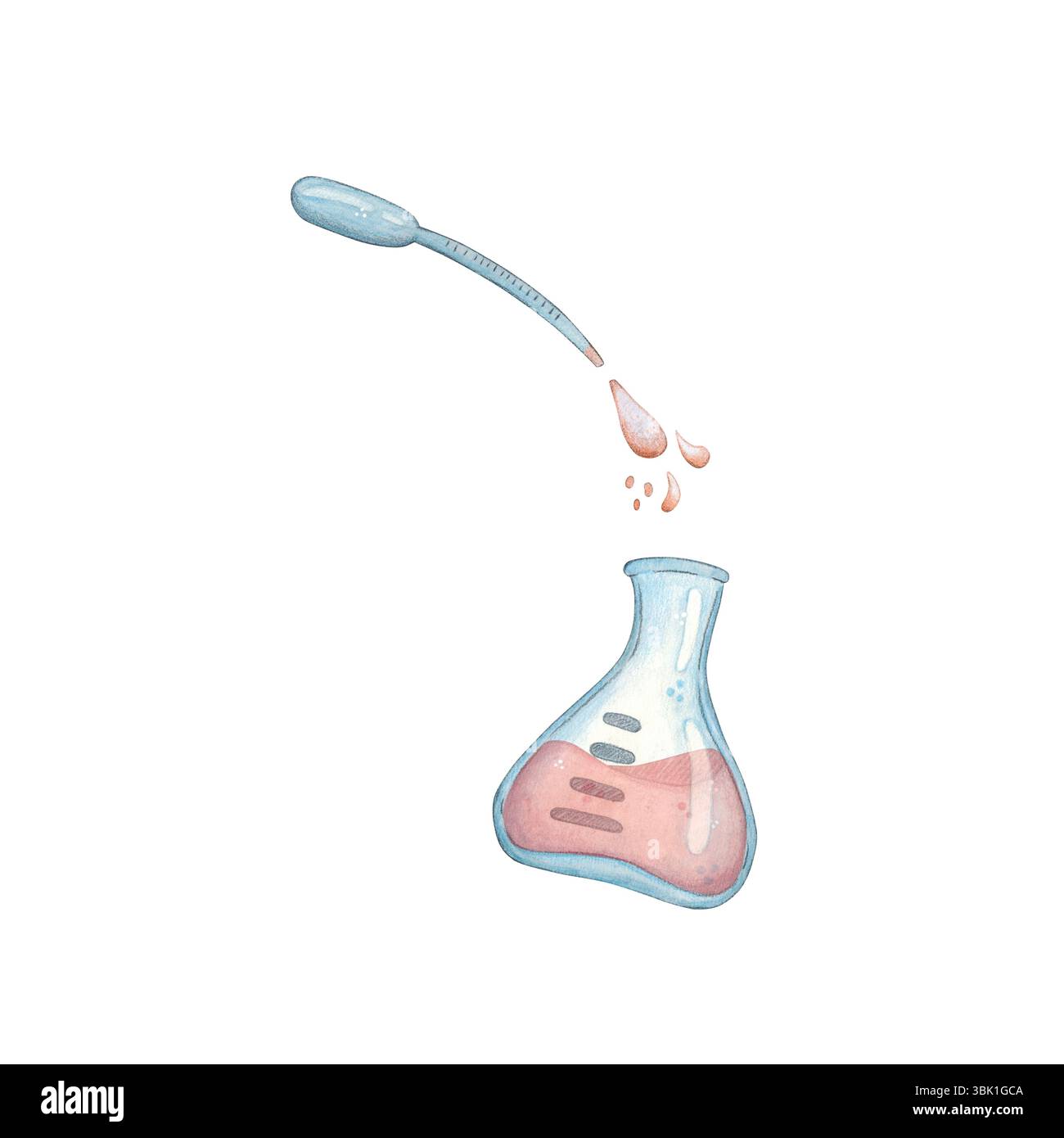 Laboratory flask with red liquid and pipette with drops. Watercolor ...
