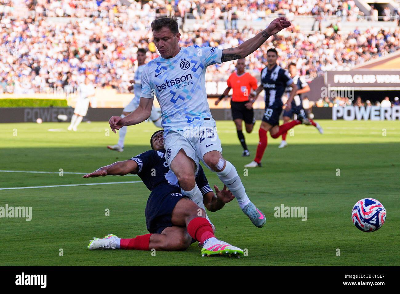 Monterrey's Victor Guzman defends against Inter Milan's Nicolo Barella ...