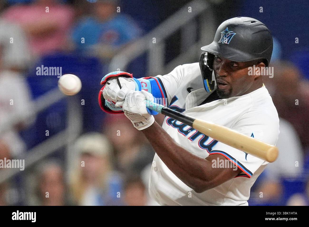 Miami Marlins outfielder Jesus Sanchez swings unsuccessfully at a pitch ...