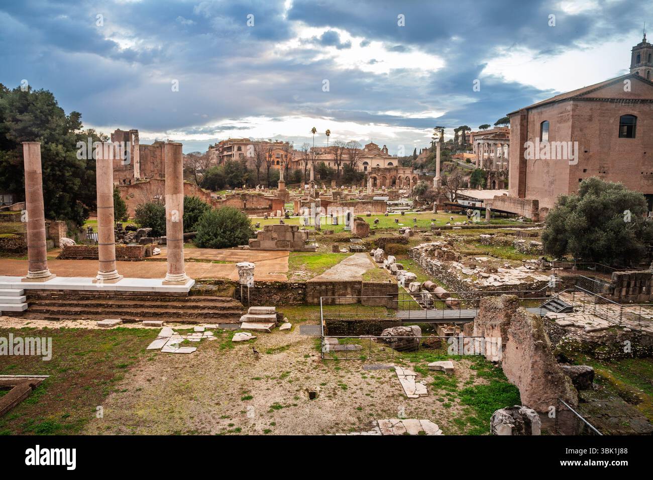 Wide aerial view of the Roman Forum (foro romano) ruins in Rome with ...