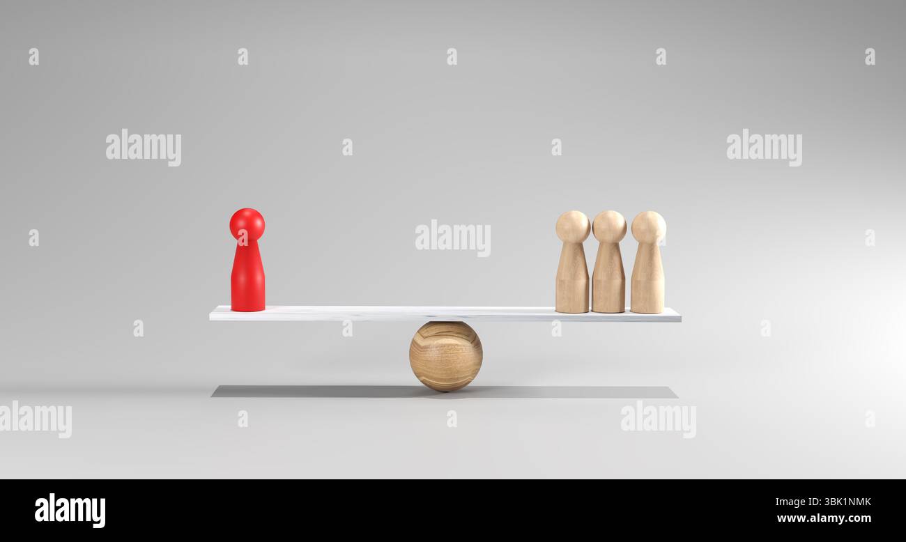 3d Red doll and wooden doll figures balanced on a scale, symbolizing ...