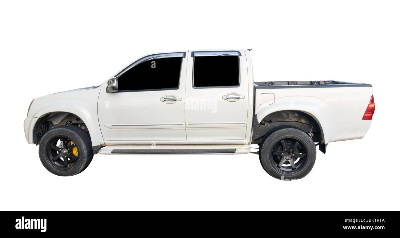 Left side view of clean white pickup truck is isolated on white ...