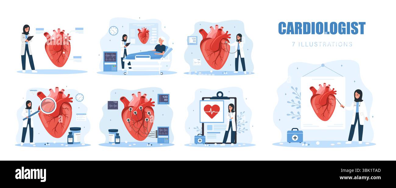 Cardiologist collection. Heart health. Islamic Female doctors examines ...