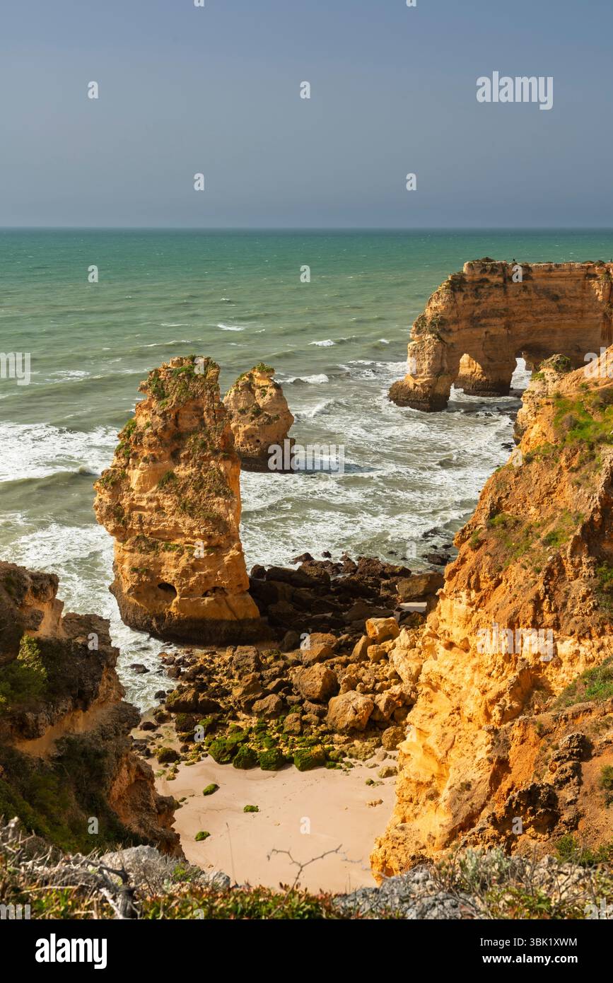 Rock formations and sea stacks at Marinha Beach, Algarve, Portugal ...