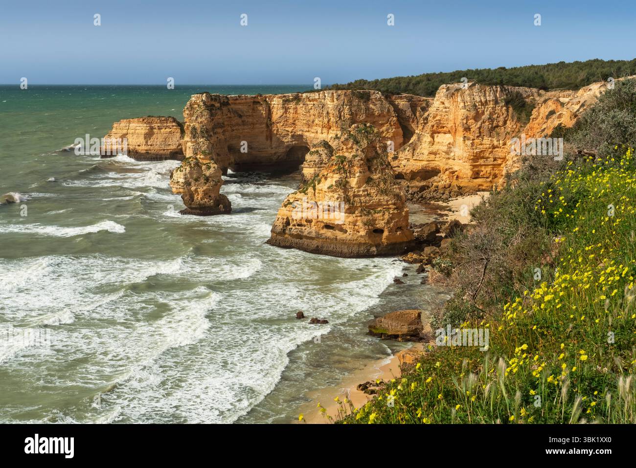 Rock formations and sea stacks at Marinha Beach, Algarve, Portugal ...