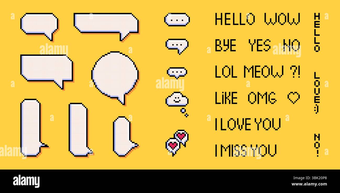 Retro pixel art speech bubbles and chat messages on yellow background ...