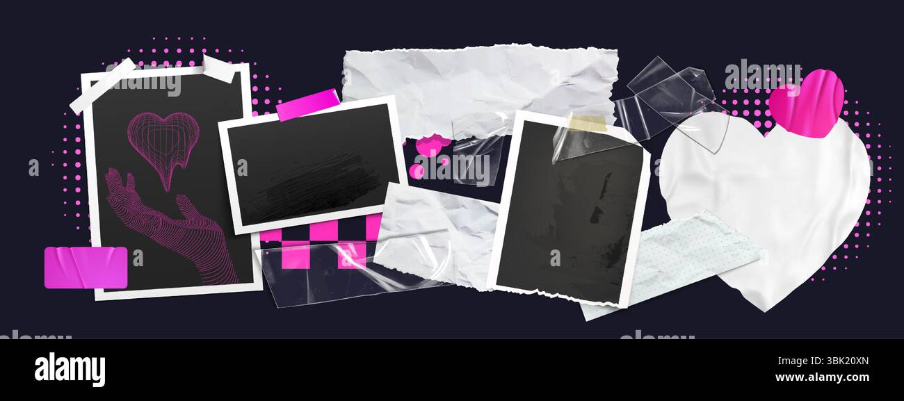 Retro y2k photo collage with instant foto frames, pink tape and paper ...