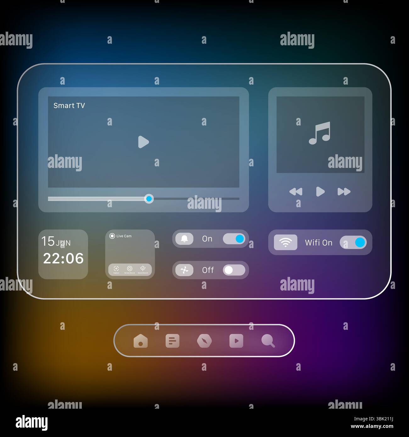 Vector illustration of a futuristic smart home dashboard UI featuring ...