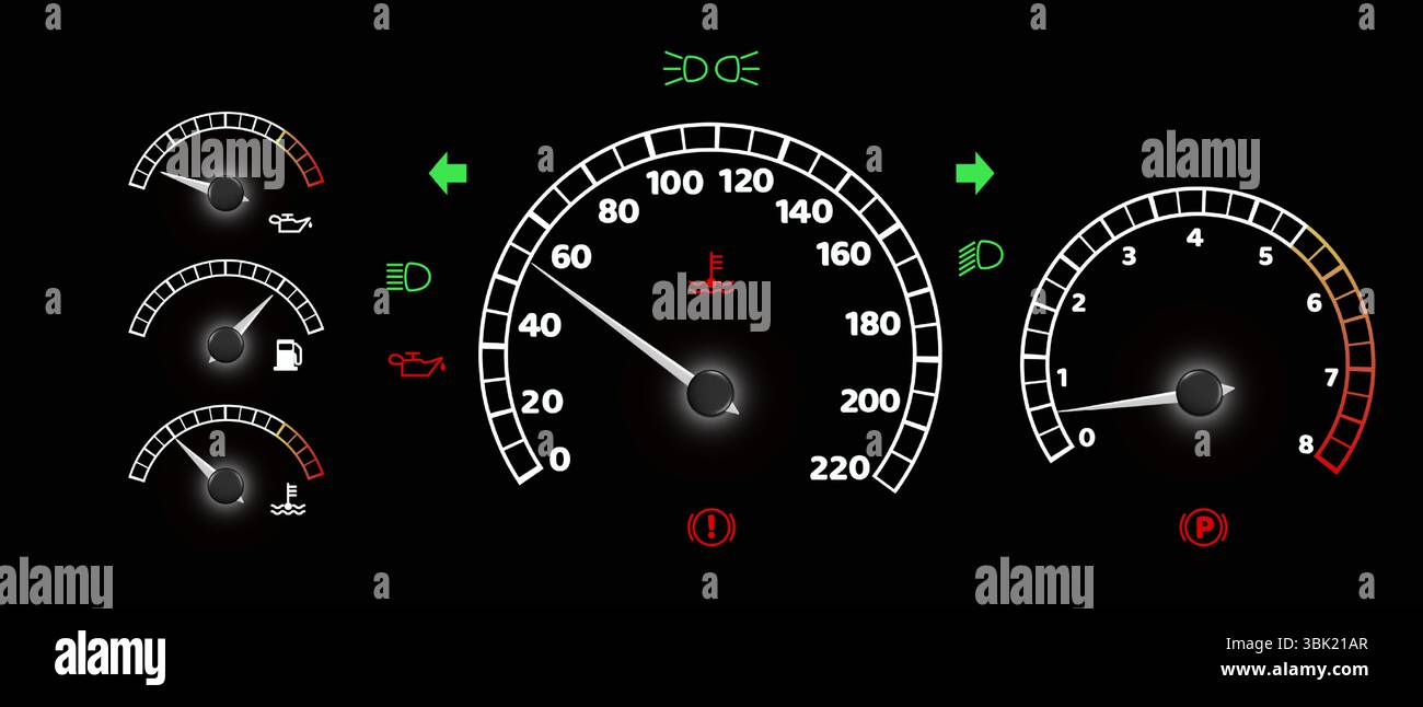Car dashboard speedometer interface with glowing gauges showing speed ...