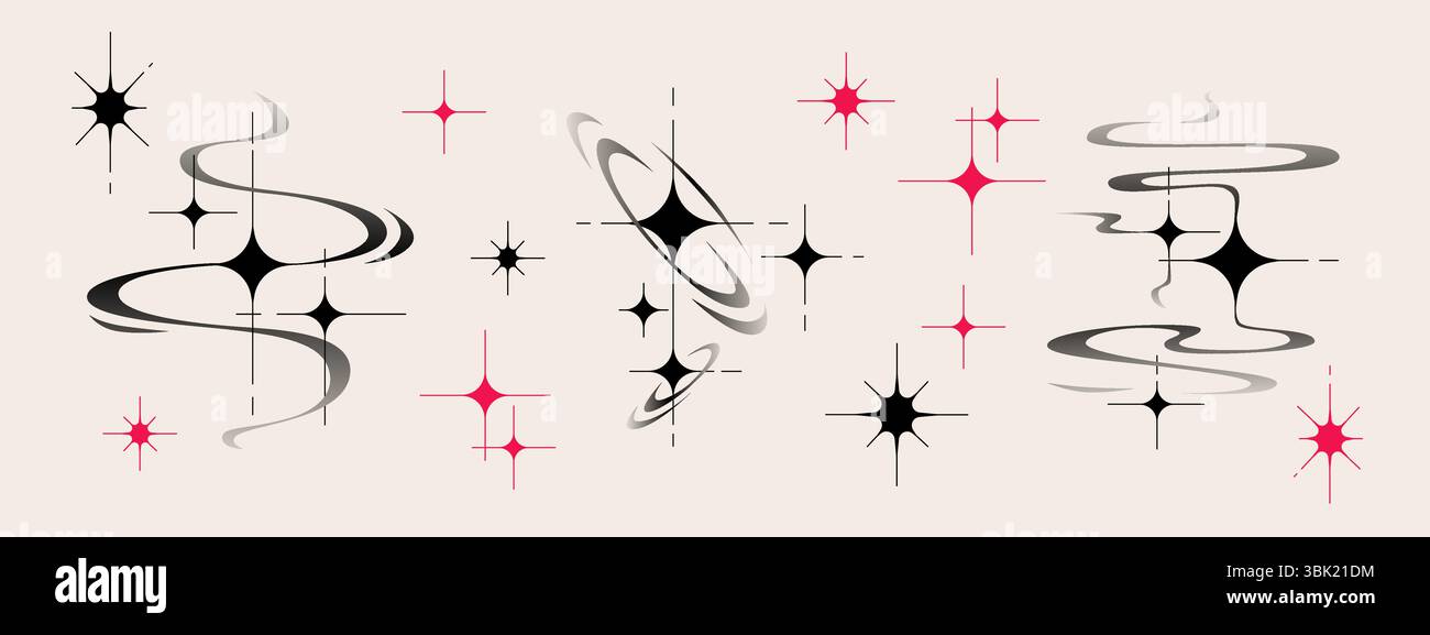 Y2k aesthetic star shapes set with sparkles and swirls in black ...