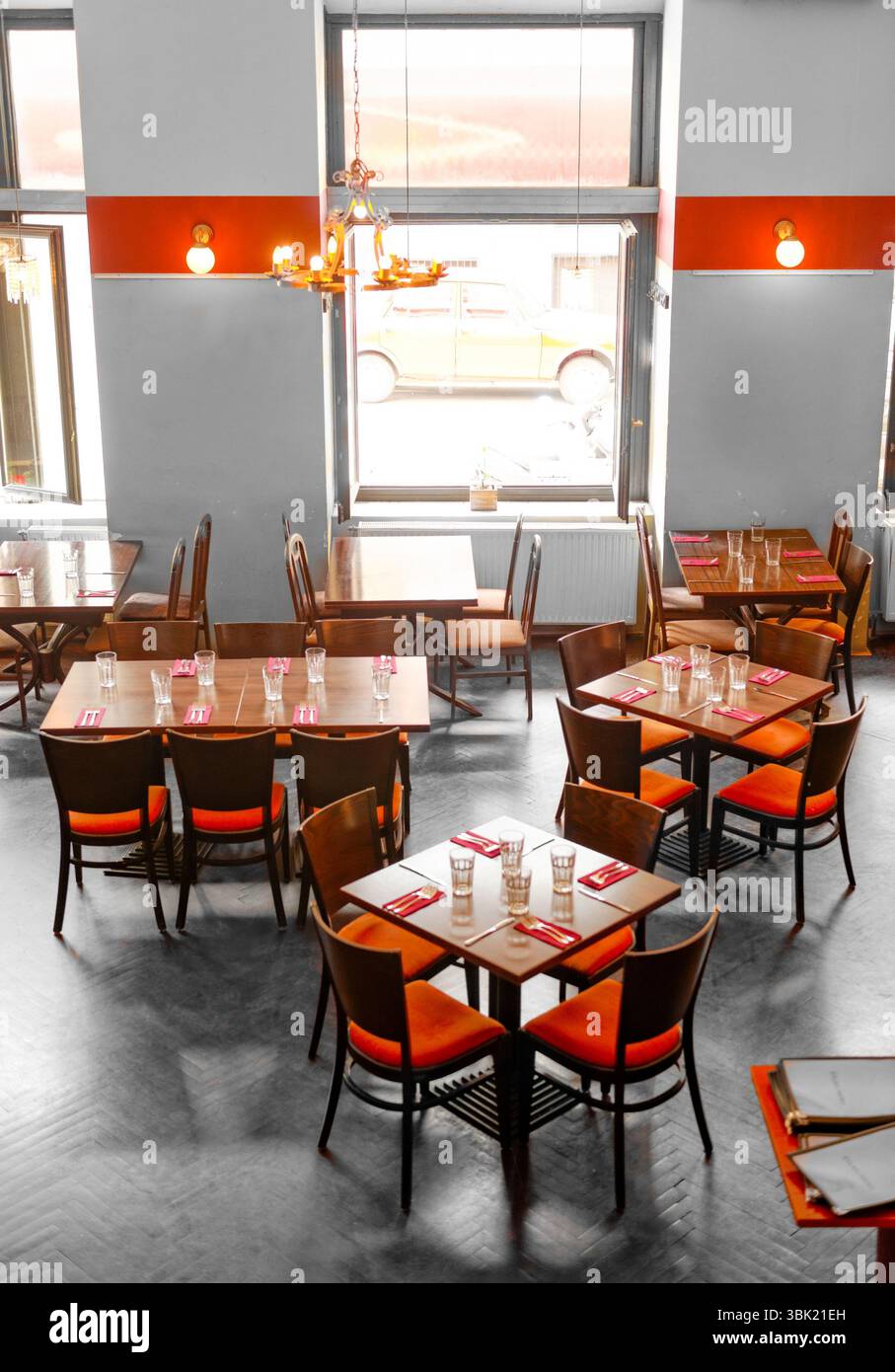 Interior of a traditional hungarian restaurant with tables and chair ...