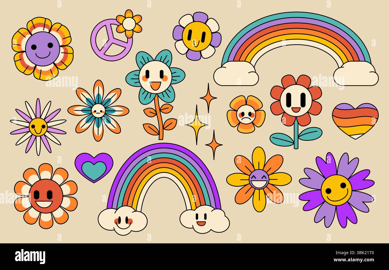 Retro flower and rainbow collection - groovy hippie daisies with ...