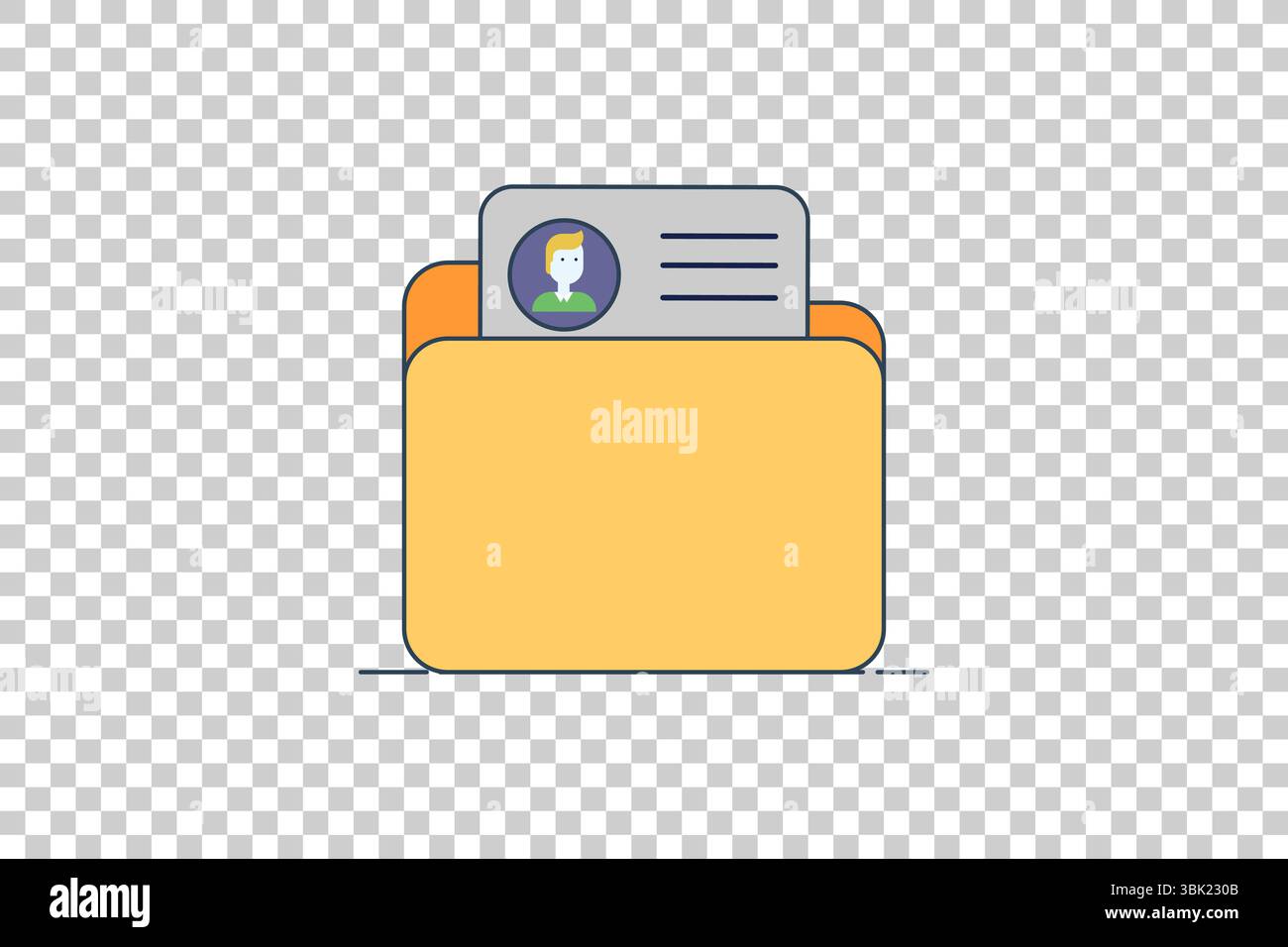 Vector illustration of yellow folder with orange tab and documents showing profile avatar on ...