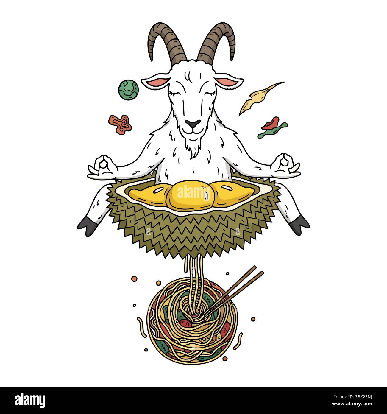 A whimsical illustration of a goat meditating on a durian fruit, with ...