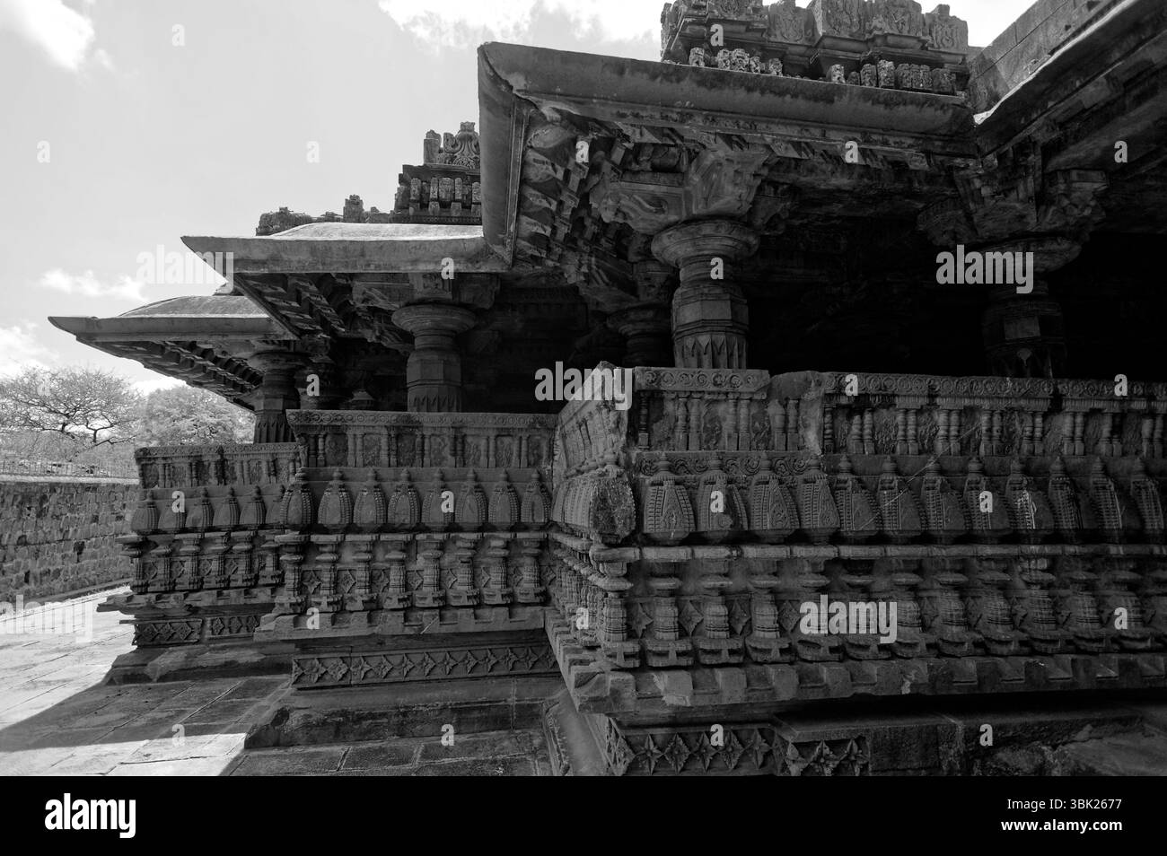 Black and white photo of decorated outer wall of Nagaresvara or ...