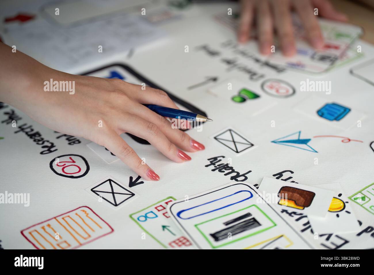 UX Design Collaboration. Hands on a brainstorming session with sketches ...