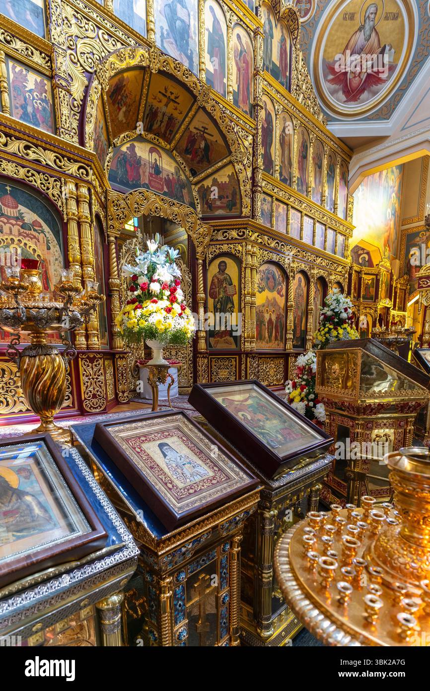 Almaty, Kazakhstan - April 25 2025: Interior view of the altar in the ...