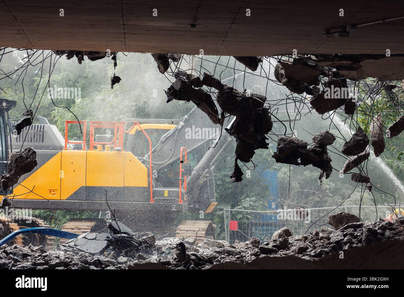 Close-up view of crumbling bridge structure demolition in Magdeburg ...