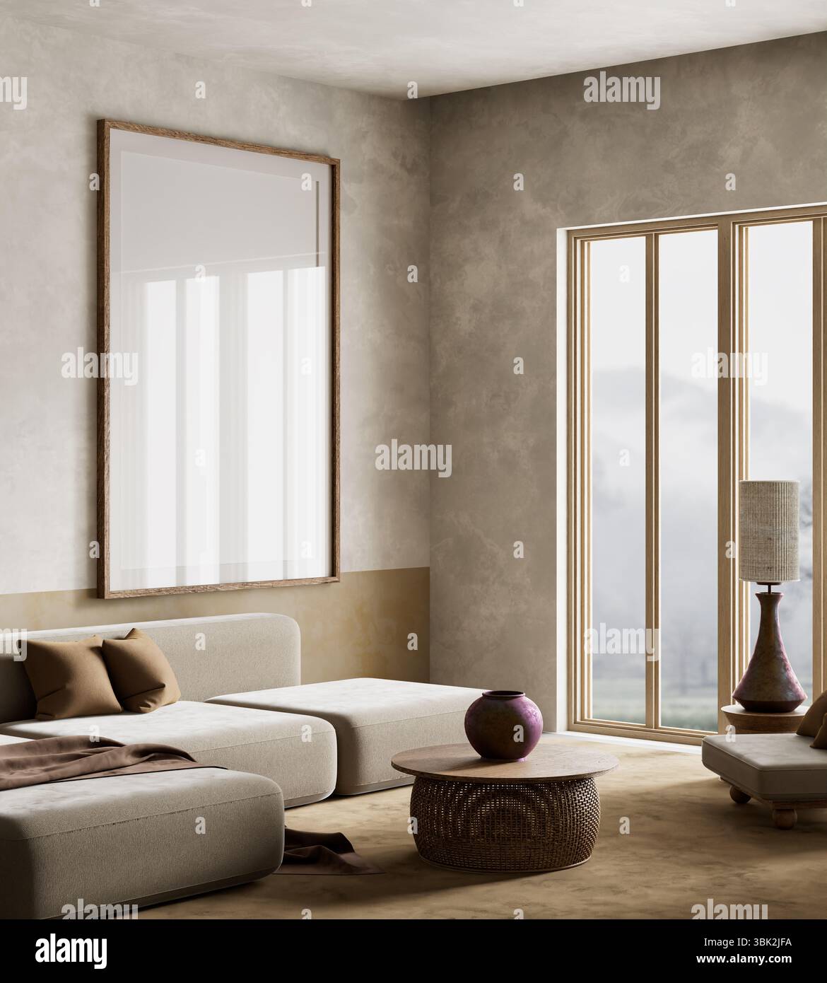A minimalist living room featuring soft neutrals, textured materials ...