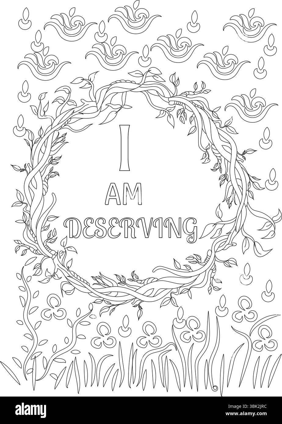 Black and white line art illustration for adult coloring, featuring the ...