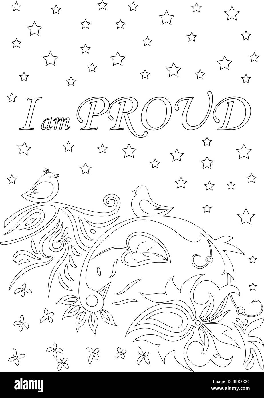 Coloring page featuring the positive affirmation 'I am PROUD ...