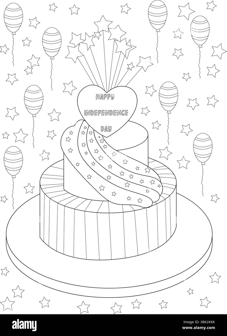 Line art illustration of a festive cake decorated with a heart saying ...