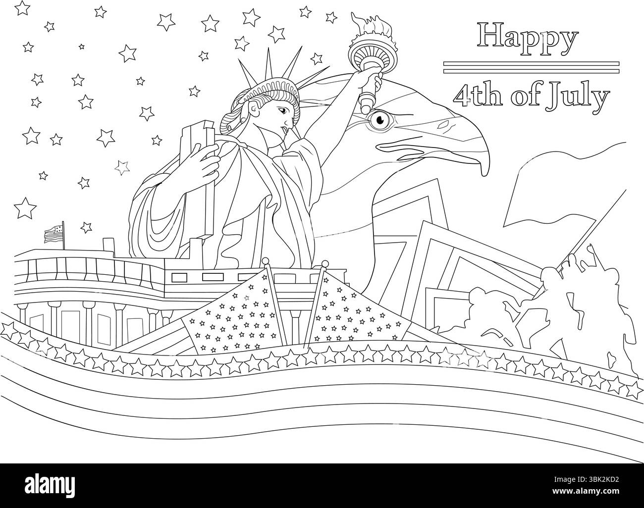 Outline illustration depicting a festive scene for the 4th of July. It ...