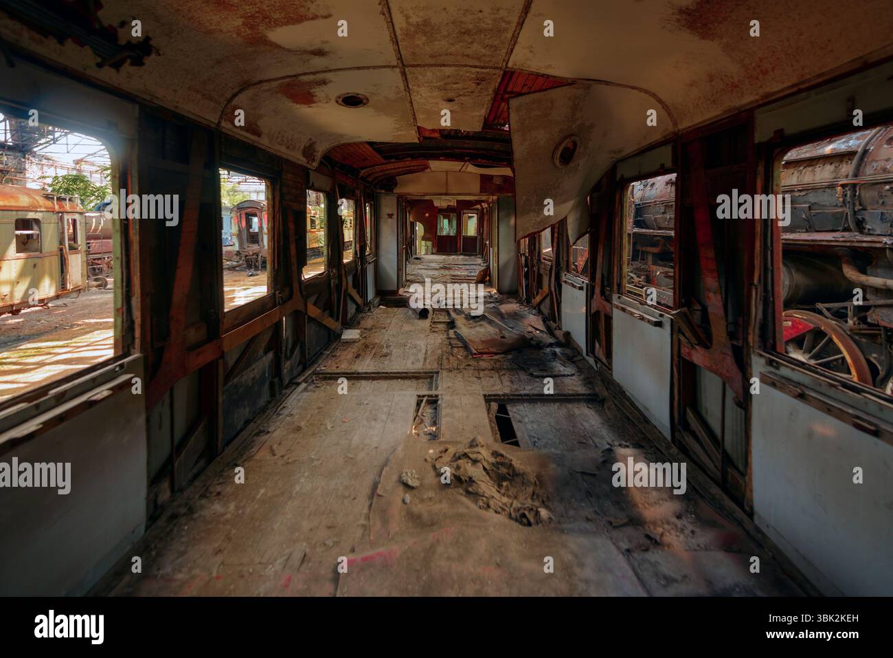 Messy vehicle interior of a train carriage angle shot Stock Photo - Alamy