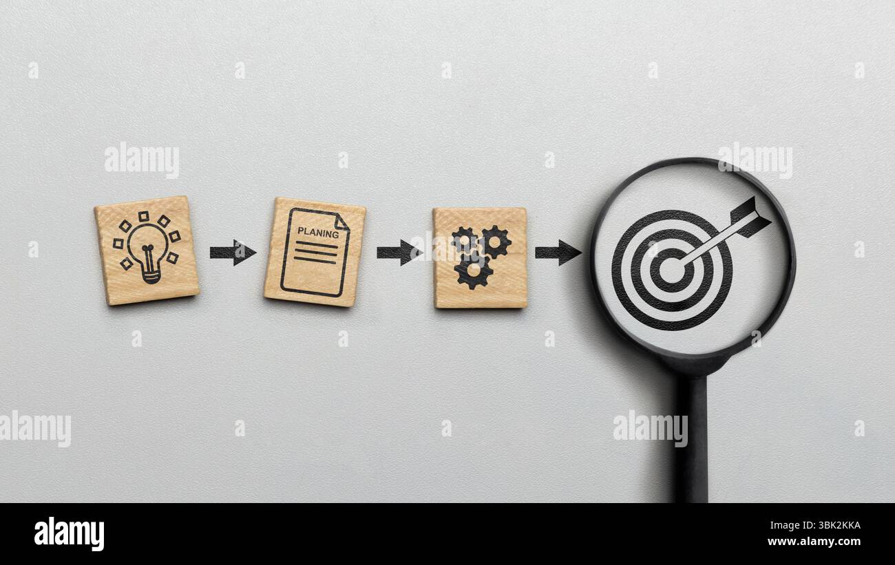 Magnifying glass showing a dart and an arrow icon on a white background ...