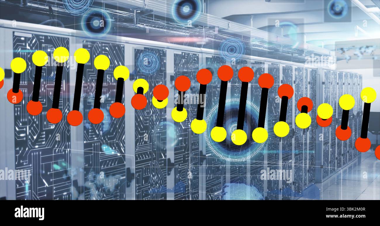 Floating stylized DNA helix in data center aisle, with server racks, blue HUD overlays Stock ...