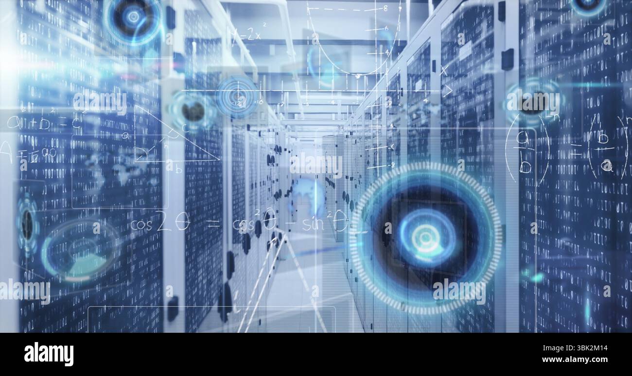 Displaying server rack corridor showing digital overlay in data center ...