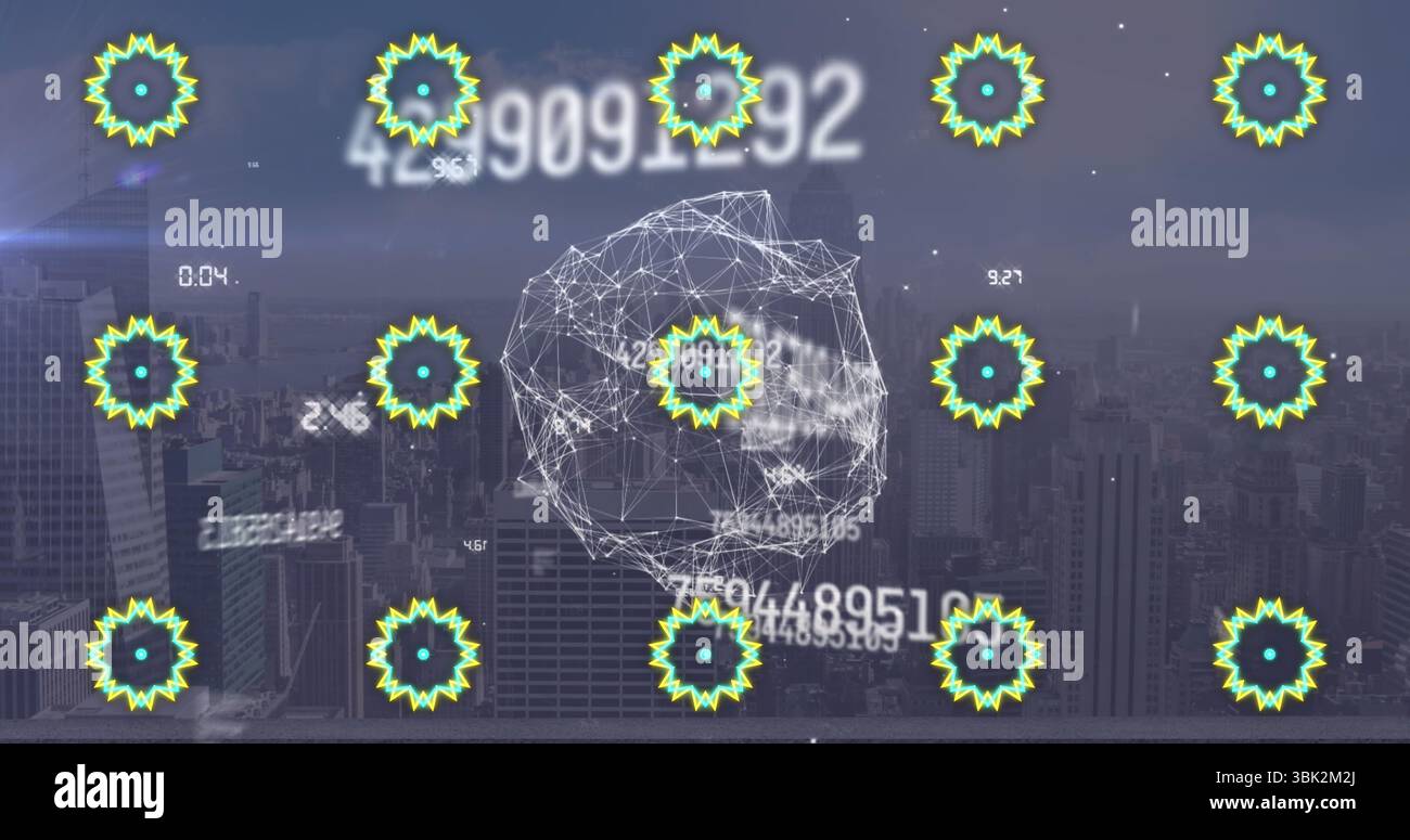 Overlaying wireframe neural network over skyscrapers, featuring glowing ...