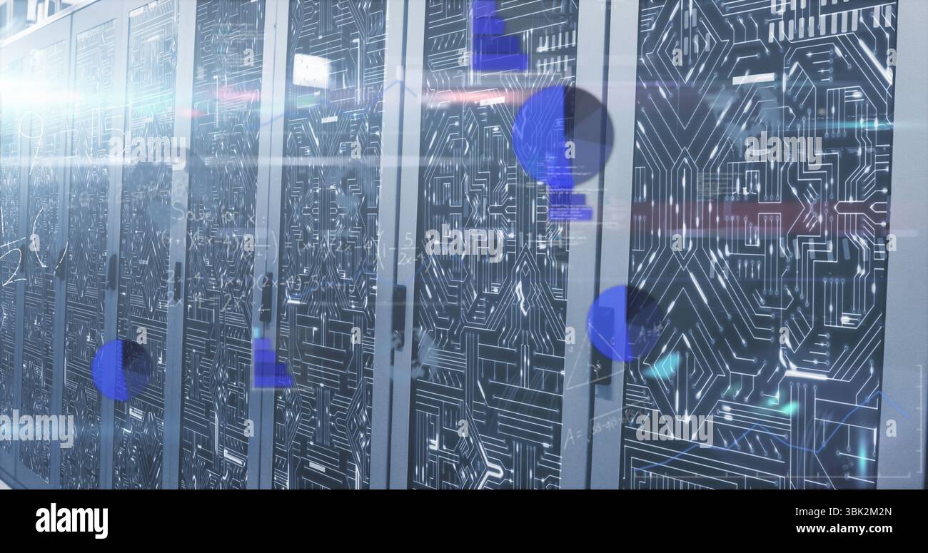 Blinking LED status lights along server cabinets in data center hall ...