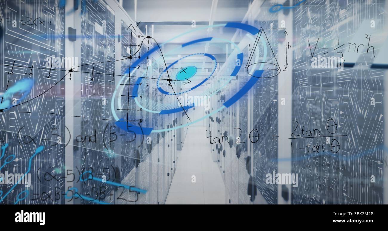 Server racks extending in data centre corridor flashing LED indicators ...