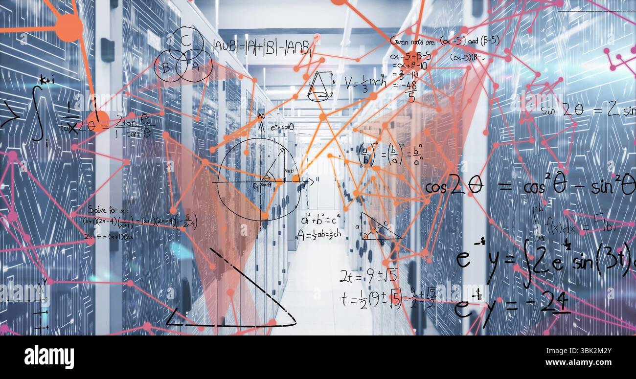 Showing data center aisle hosting server racks, with network cables, LEDs, geometric, trig ...
