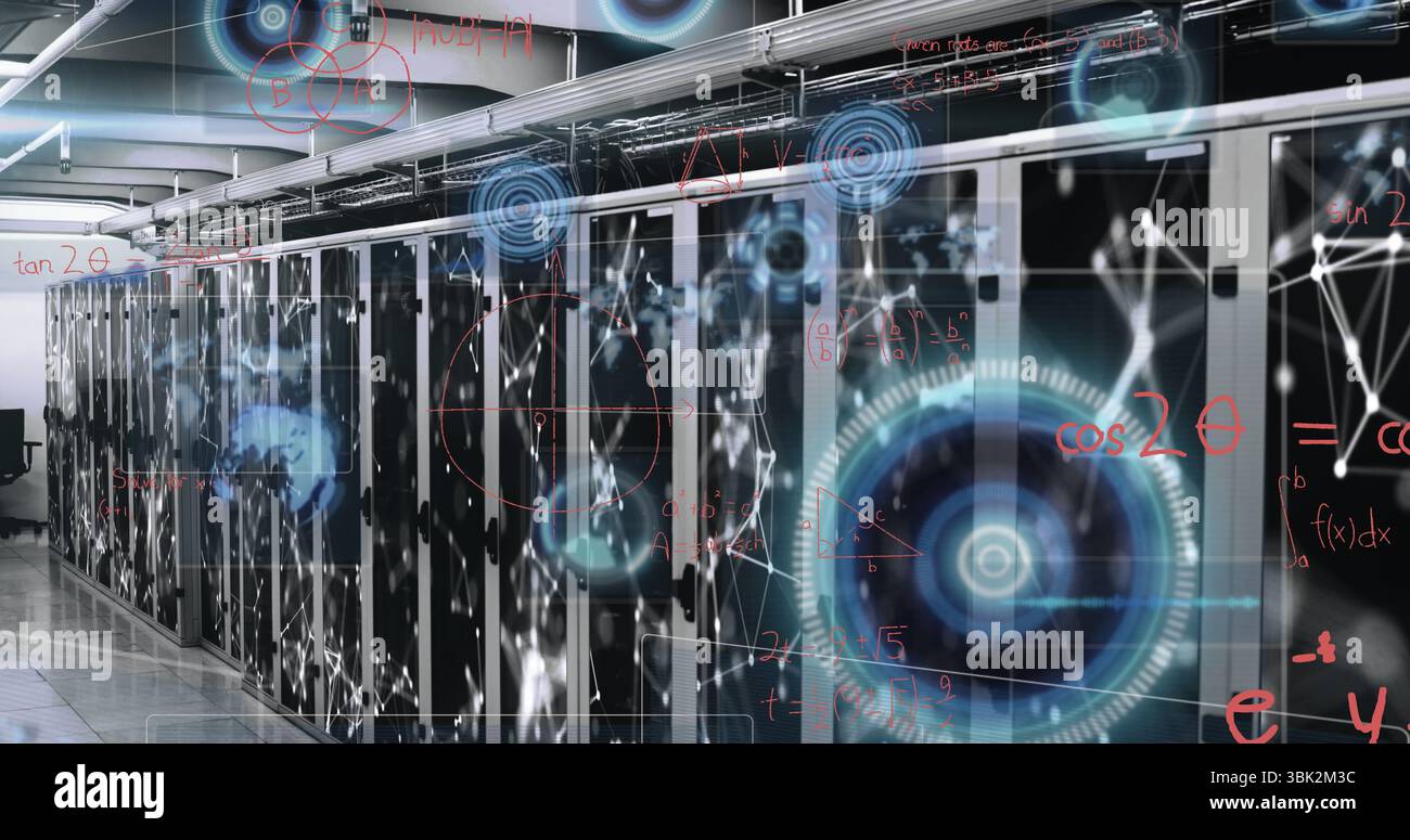 Glowing server racks projecting holographic network visuals in data center, floating formulas ...