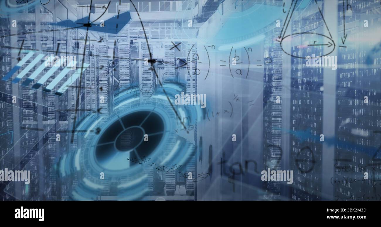 Projecting holographic circular interface floating in server room, with ...