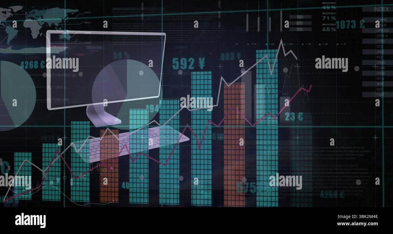Showing monitor hovering over dark dashboard, with bar charts line graphs world map currency ...