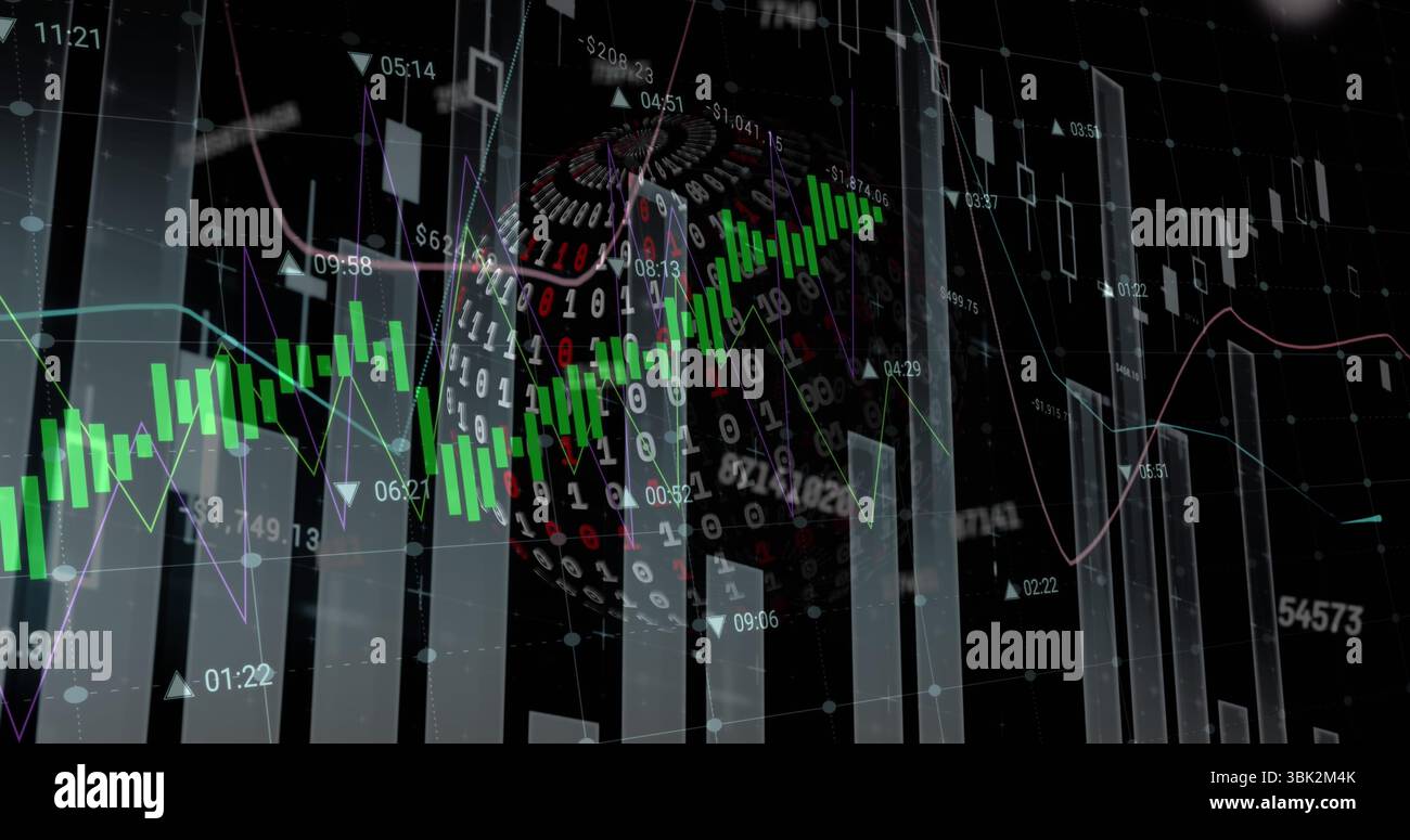 Displaying data visualization on dark grid, showing financial charts, numeric labels, binary ...