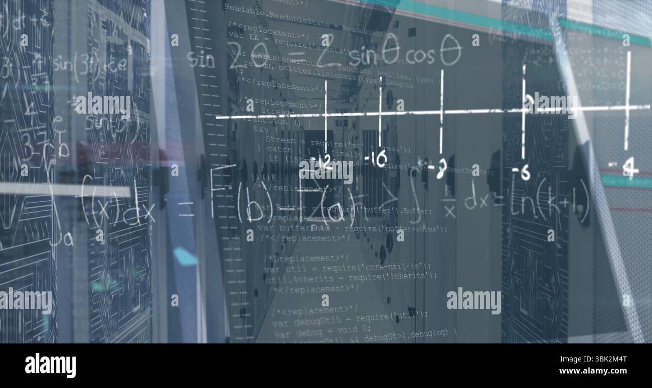 Displaying server rack with network cables, glowing LED lights in data center aisle, code ...