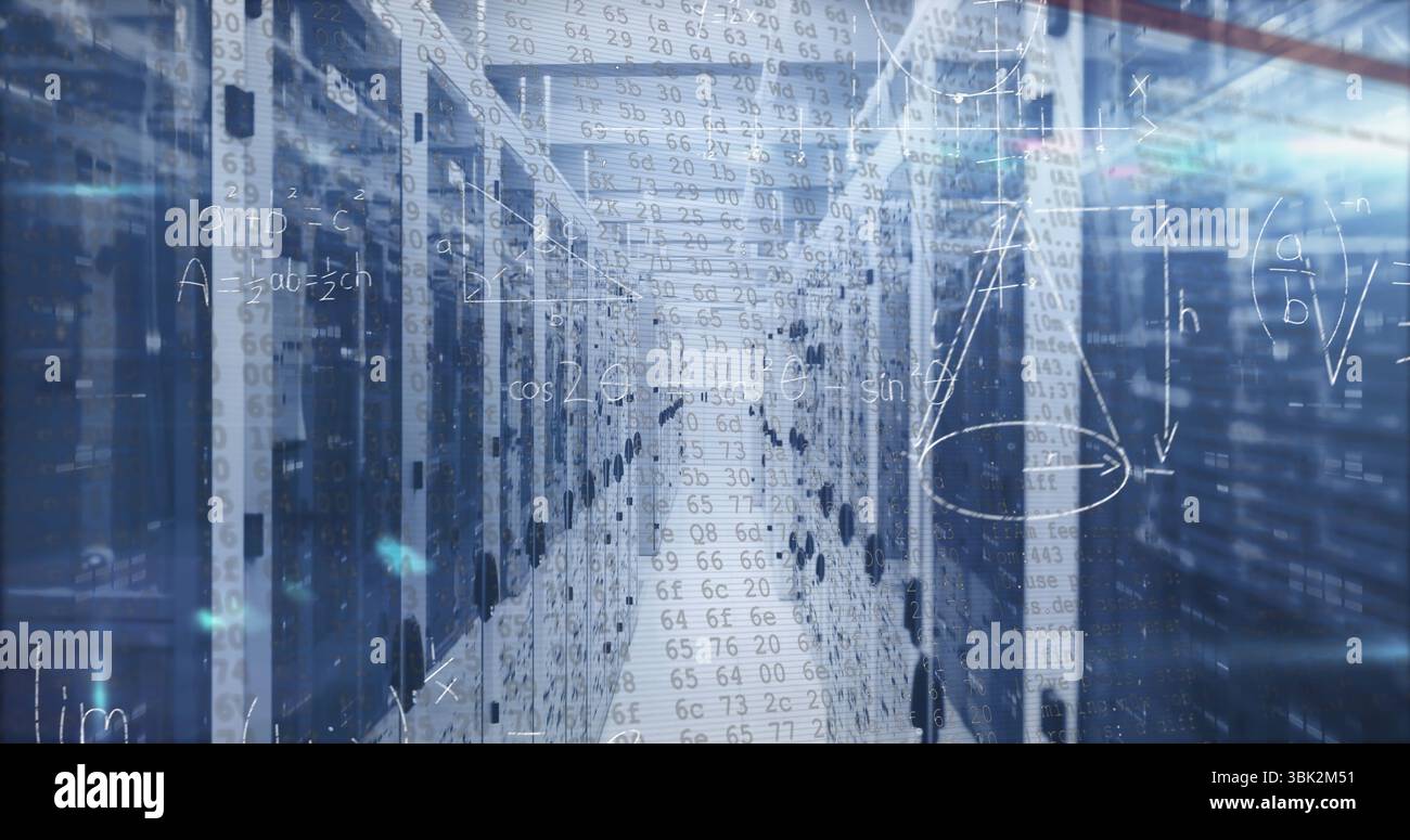 Server racks glowing under blue light in data center corridor, with code and math diagrams ...
