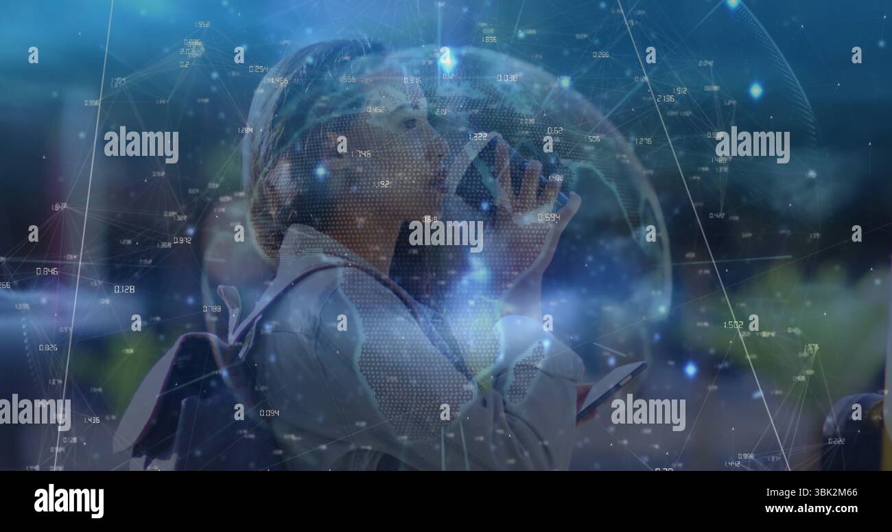 Speaking woman holding smartphone and wearing backpack on park path ...