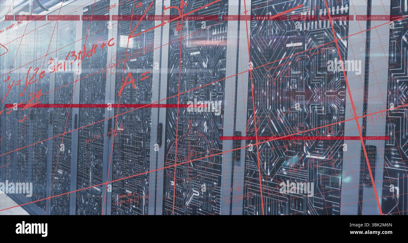 Displaying server racks holding circuit boards and LED lights in data ...