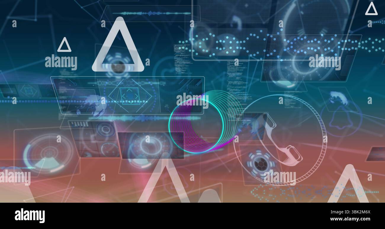 Floating translucent UI panels in virtual space, with circular HUD graphics, dotted data streams ...