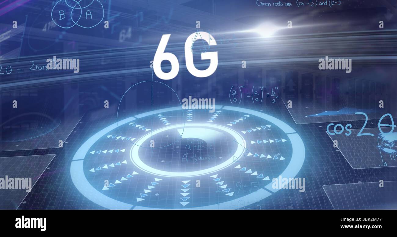 Displaying glowing holographic circular interface over dark blue grid, with large white 6G text ...