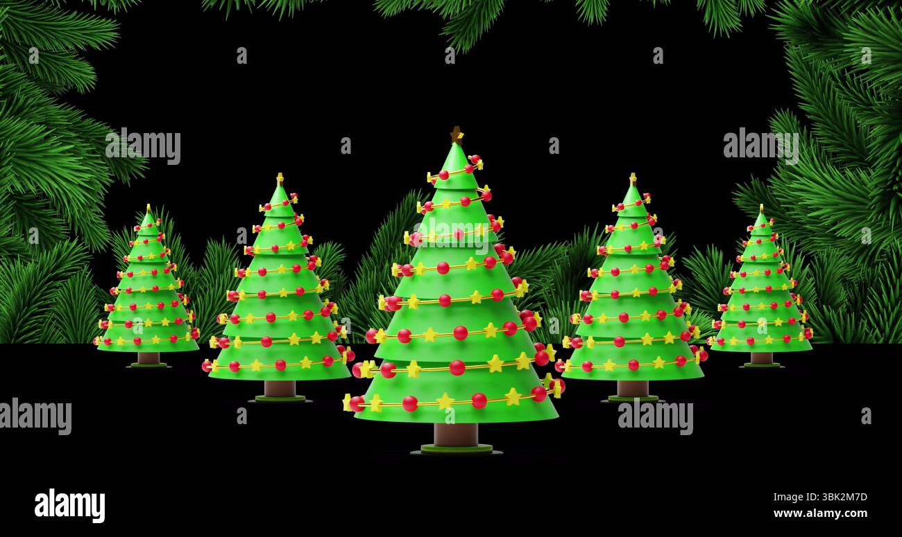 Five stylized green Christmas trees standing in scene with black ...