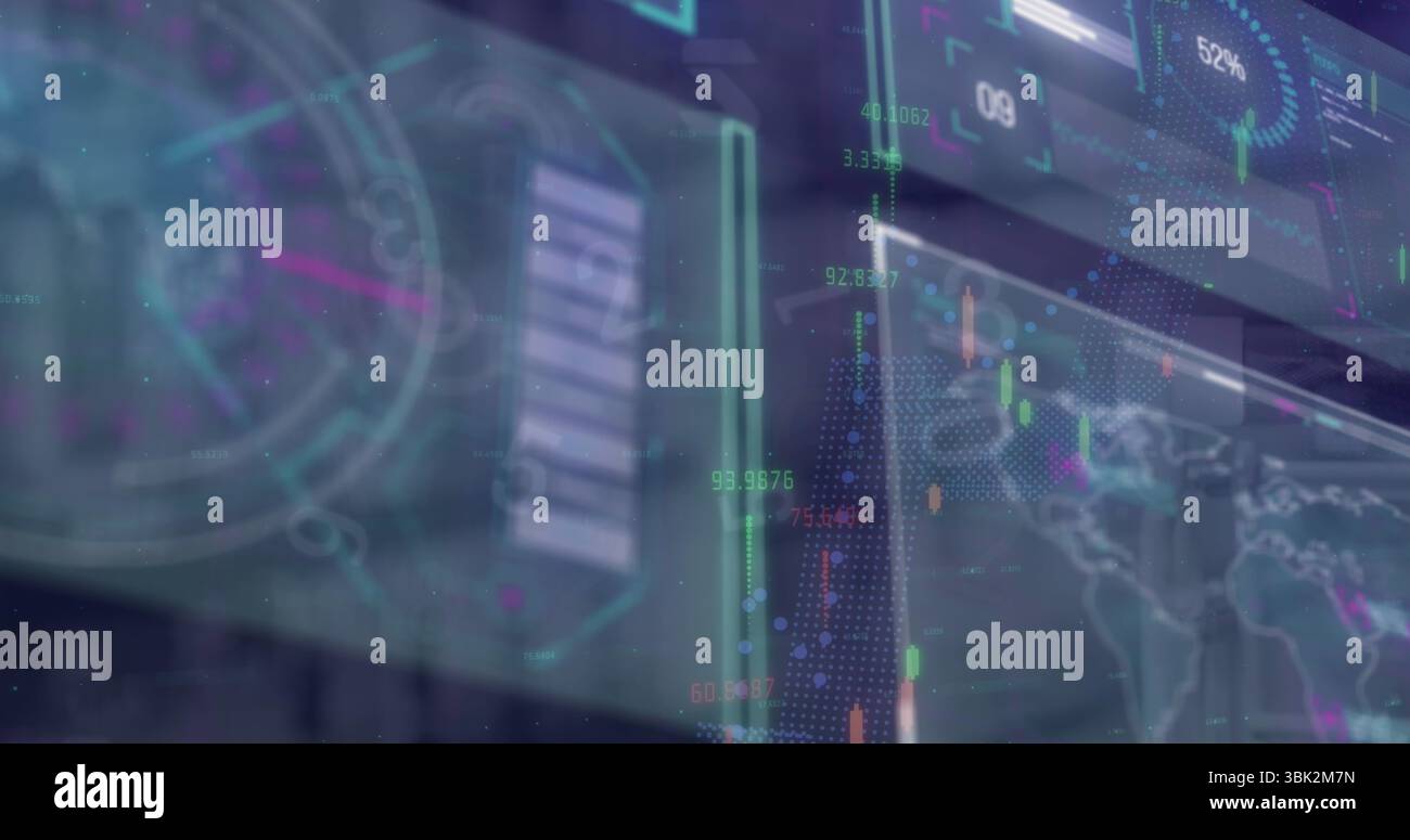 Displaying dashboard in futuristic control panel with gauge, charts, world map and candlesticks ...