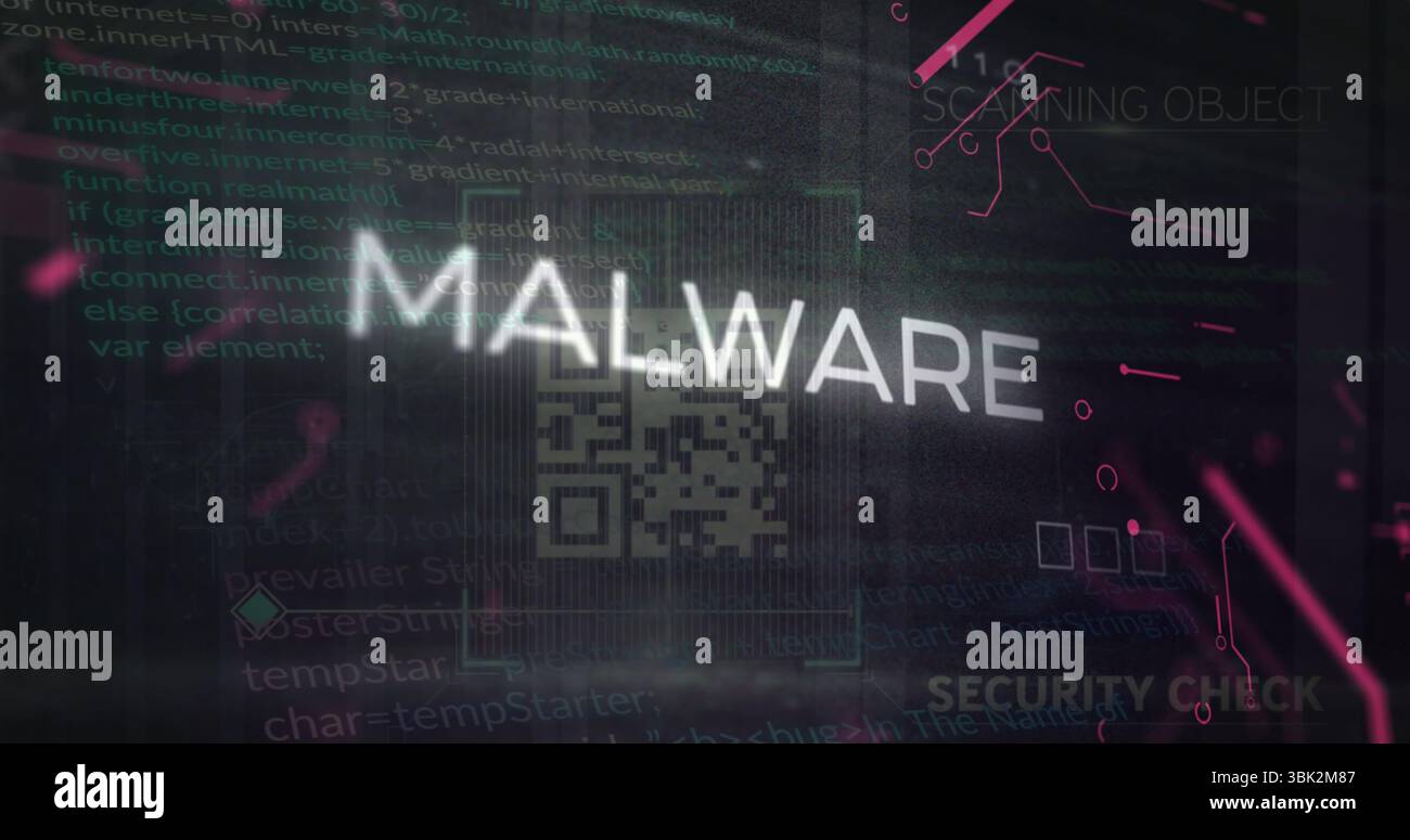 Displaying white MALWARE text and QR code overlay on digital interface with magenta circuit ...