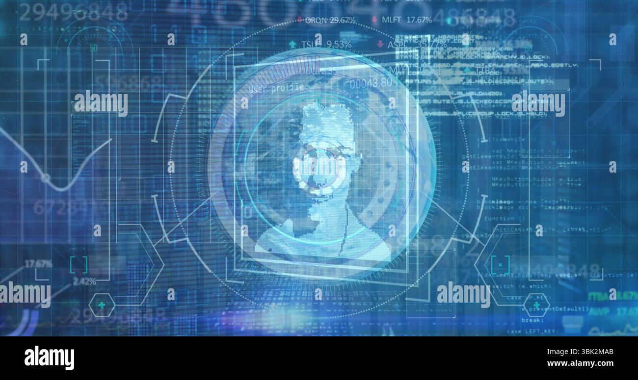 Scanning biometric scan in console with fingerprint icon, head ...